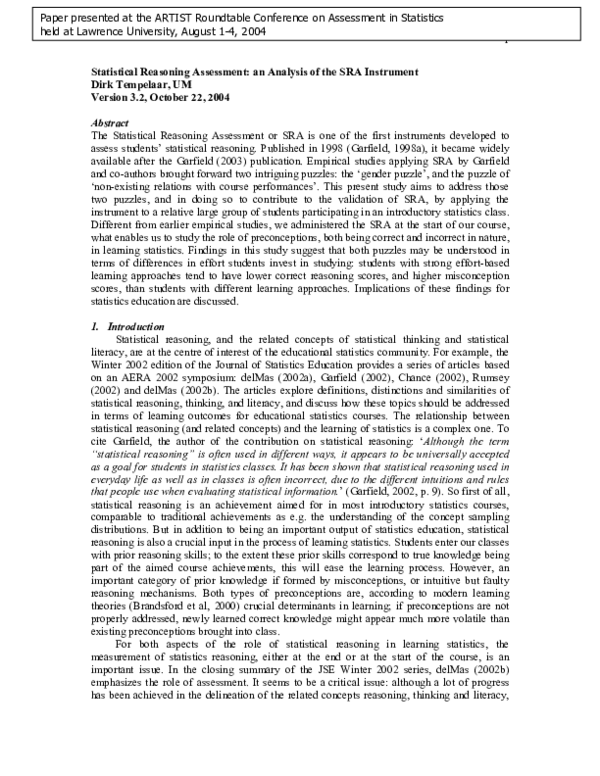 (PDF) Statistical Reasoning Assessment: an Analysis of the SRA Instrument