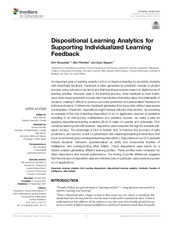 (PDF) Dispositional Learning Analytics for Supporting Individualized ...