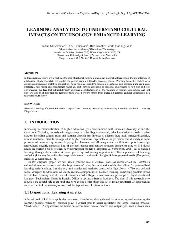 (PDF) Learning analytics to understand cultural impacts on technology enhanced learning