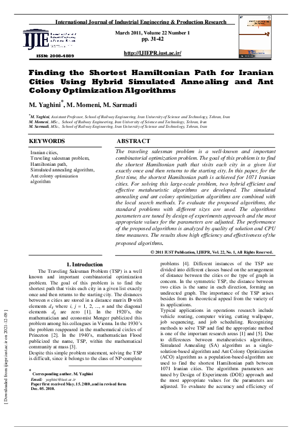 Finding the Shortest Hamiltonian Path for Iranian Cities Using Hybrid ...