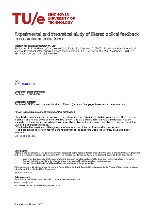 (PDF) Experimental and theoretical study of filtered optical feedback ...