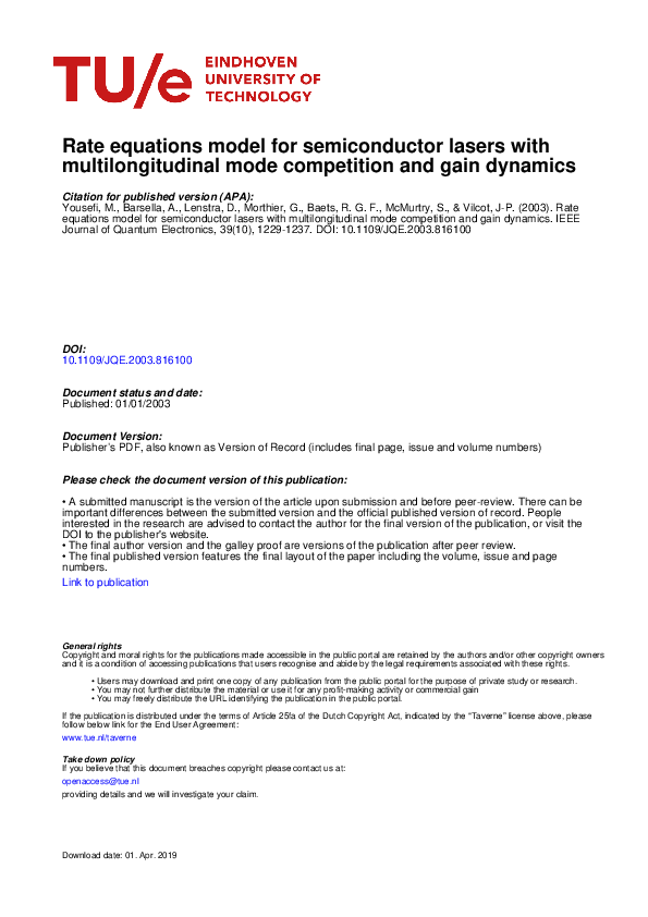 (PDF) Rate equations model for semiconductor lasers with multilongitudinal mode competition and ...