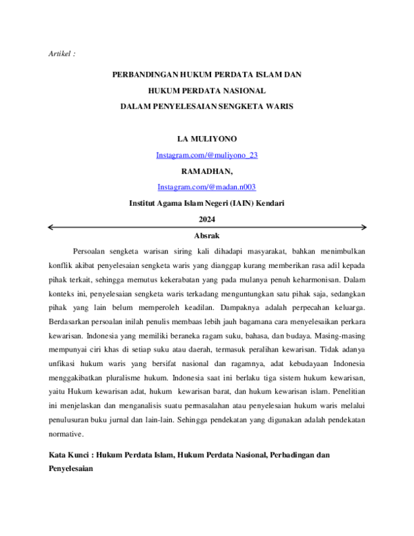 (PDF) PERBANDINGAN HUKUM PERDATA ISLAM DAN HUKUM PERDATA NASIONAL DALAM PENYELESAIAN SENGKETA WARIS