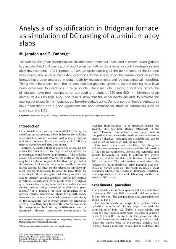(PDF) Analysis of solidification in Bridgman furnace as simulation of ...