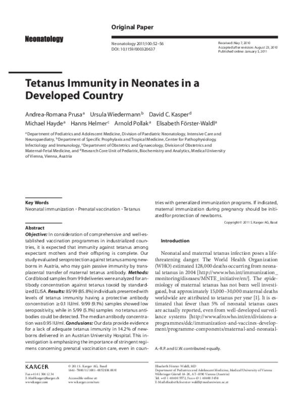 (PDF) Tetanus Immunity in Neonates in a Developed Country