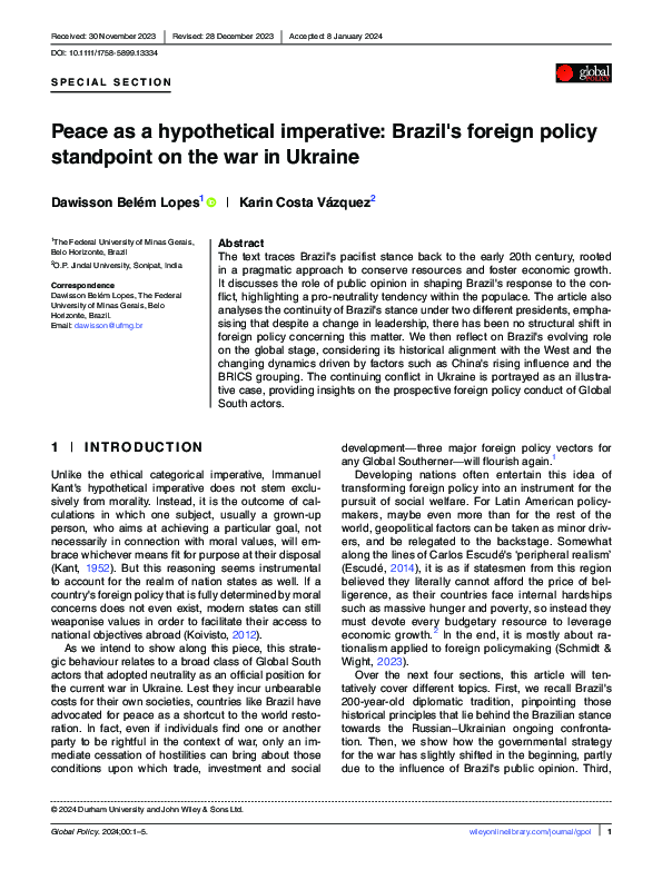 (PDF) Peace as a hypothetical imperative: Brazil's foreign policy ...