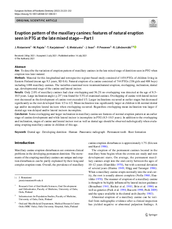 (PDF) Eruption pattern of the maxillary canines: features of natural ...