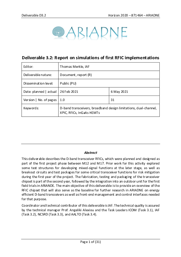 (PDF) D3.2: Report on simulations of first RFIC implementations