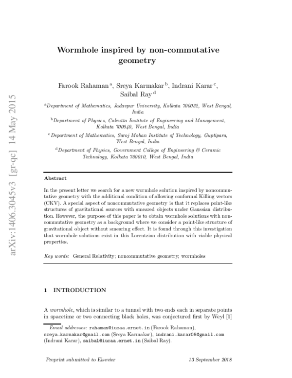 (PDF) Wormhole inspired by non-commutative geometry
