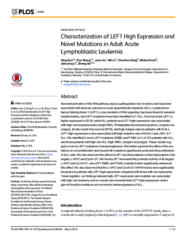 (PDF) Characterization of LEF1 High Expression and Novel Mutations in Adult Acute Lymphoblastic ...
