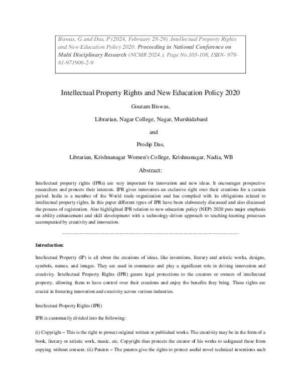 (PDF) Intellectual Property Rights and New Education Policy 2020