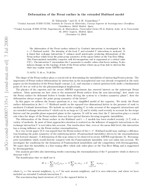 (PDF) Deformation of the Fermi surface in the extended Hubbard model