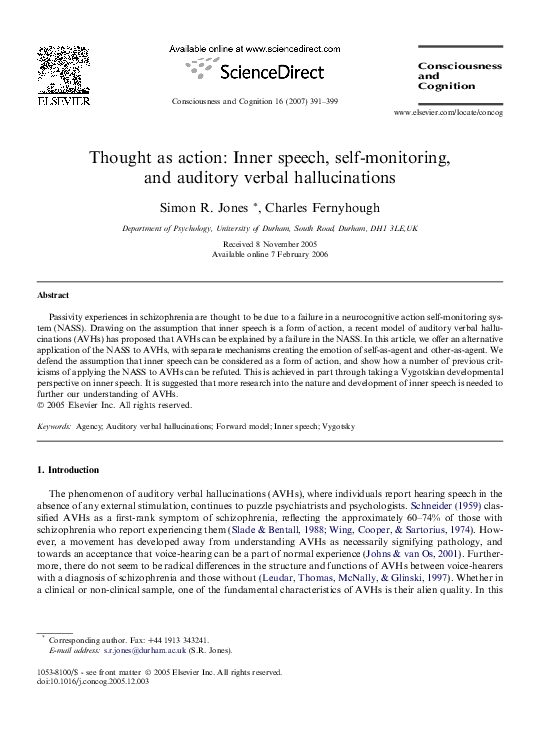 (PDF) Thought as action: Inner speech, self-monitoring, and auditory verbal hallucinations