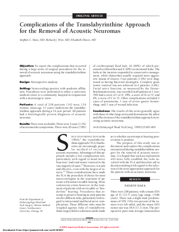 (PDF) Complications of the Translabyrinthine Approach for the Removal ...