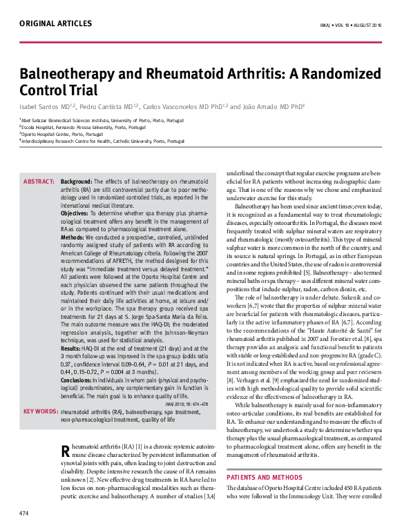 (PDF) Balneotherapy and Rheumatoid Arthritis: A Randomized Control Trial