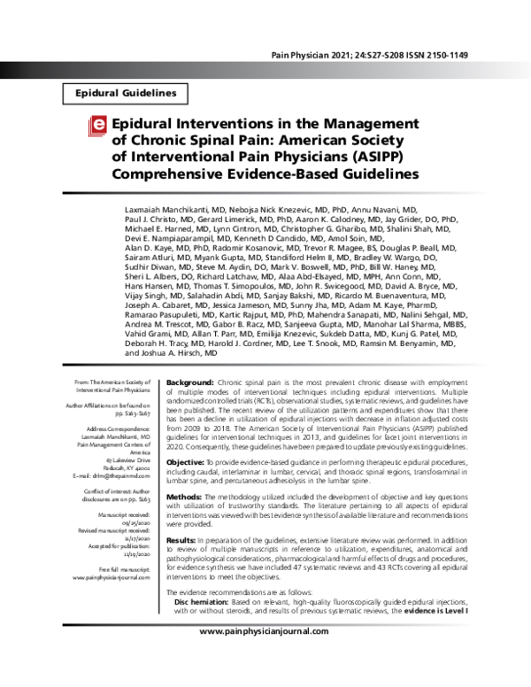 (PDF) Epidural Interventions in the Management of Chronic Spinal Pain: American Society of ...