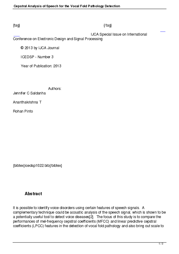 (PDF) Cepstral Analysis of Speech for the Vocal Fold Pathology Detection
