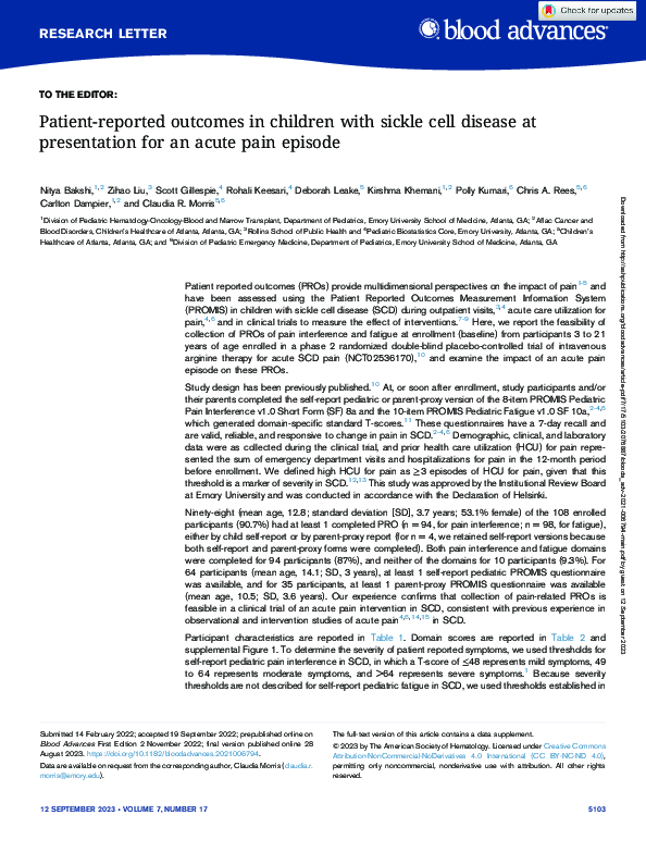 (PDF) Patient reported outcomes in children with sickle cell disease at ...