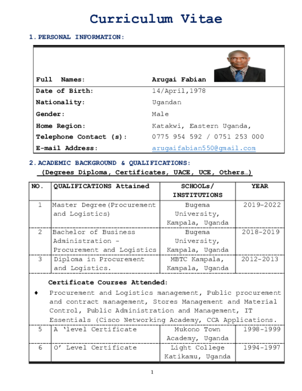 (PDF) CURRICULUM VITAE FABIAN ARUGAI | arugai fabian - Academia.edu