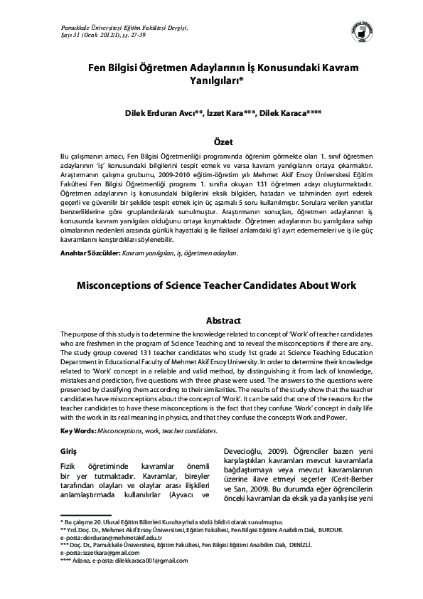 (PDF) Misconceptions of Science Teacher Candidates About Work