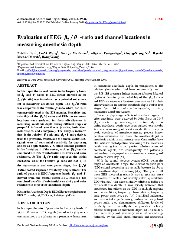 (PDF) Evaluation of EEG β2/θ -ratio and channel locations in measuring anesthesia depth | George ...