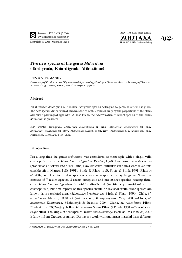 (PDF) Five new species of the genus Milnesium (Tardigrada, Eutardigrada ...
