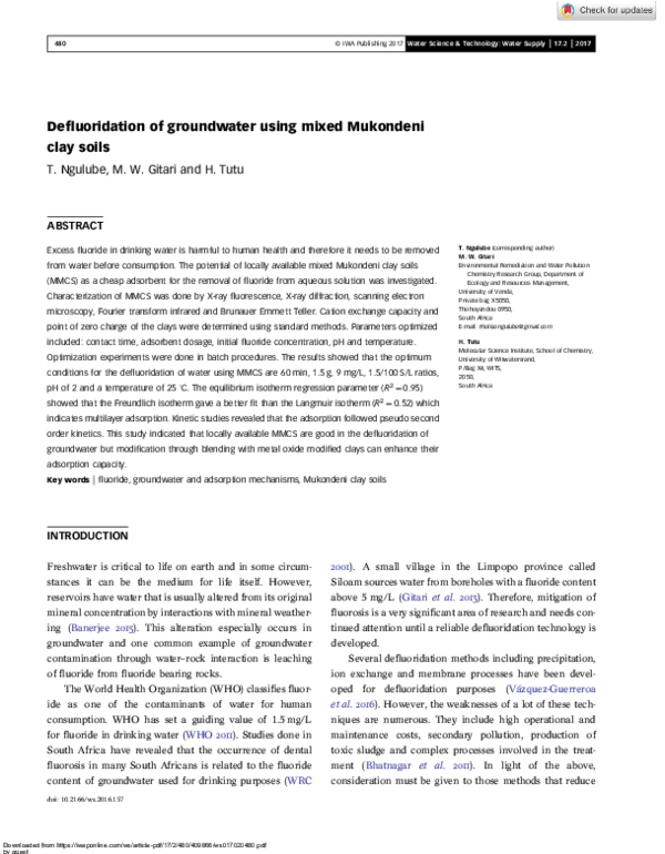 (PDF) Defluoridation of Water Using Mukondeni Clay