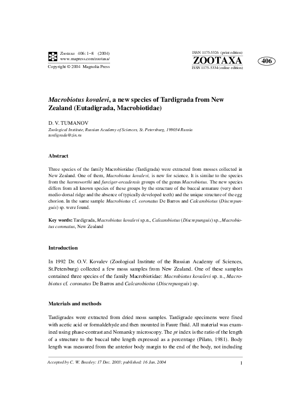 (PDF) Macrobiotus kovalevi, a new species of Tardigrada from New ...