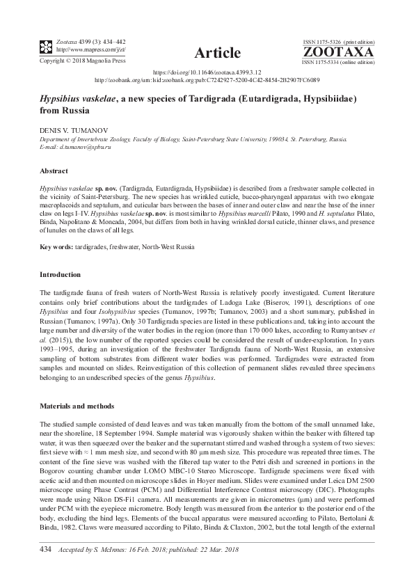 (PDF) Hypsibius vaskelae, a new species of Tardigrada (Eutardigrada ...