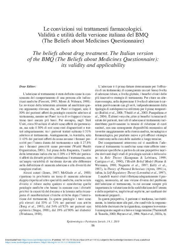 (PDF) The beliefs about drug treatments. The Italian version of the BMQ ...