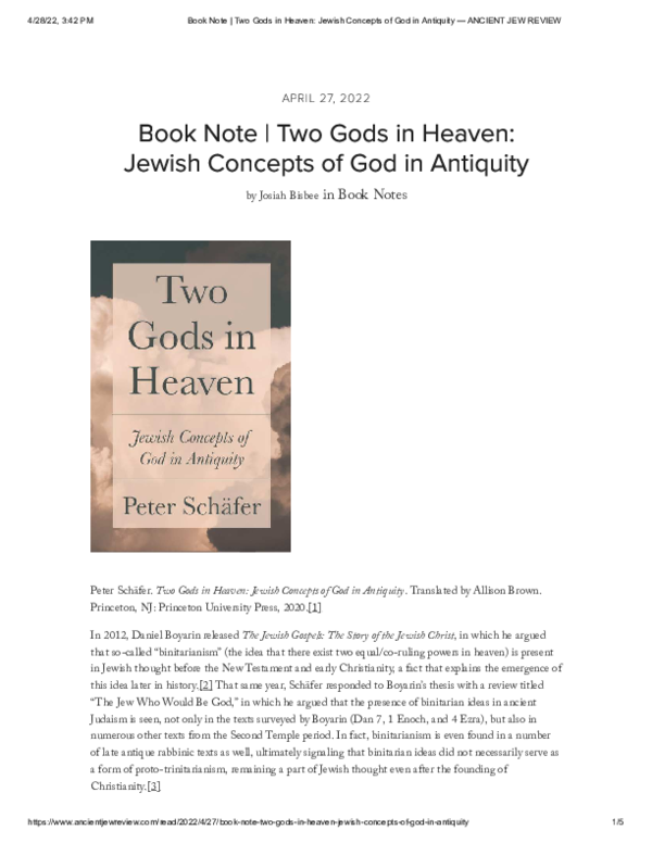 (PDF) Review of Peter Schäfer. Two Gods in Heaven: Jewish Concepts of ...