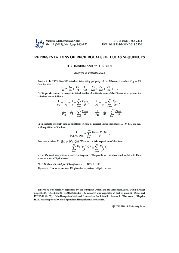 (PDF) Representations of reciprocals of Lucas sequences