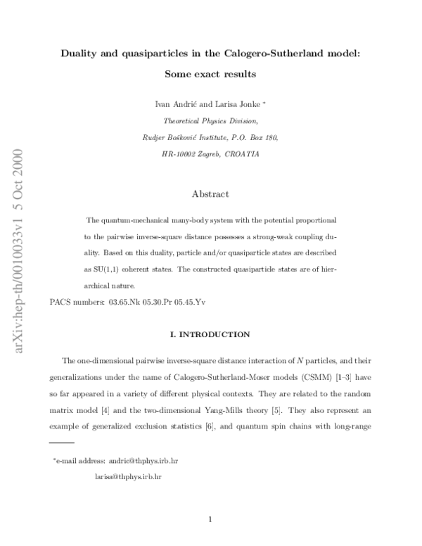 (PDF) Duality and quasiparticles in the Calogero-Sutherland model: Some exact results