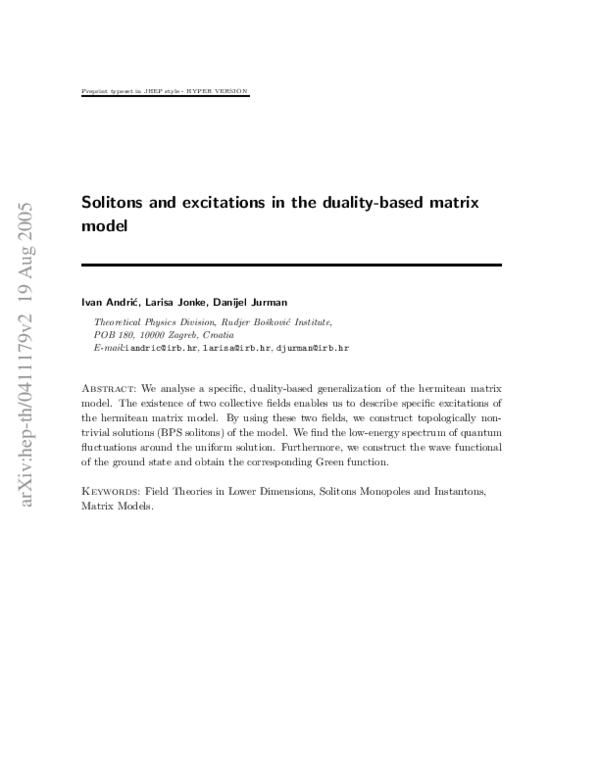 (PDF) Solitons and excitations in the duality-based matrix model