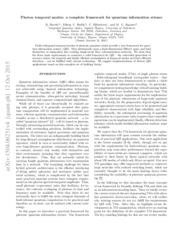 (PDF) Photon Temporal Modes: A Complete Framework for Quantum Information Science