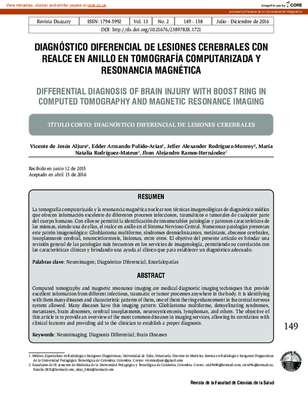(PDF) Diagnóstico diferencial de lesiones cerebrales con realce en anillo en tomografía ...