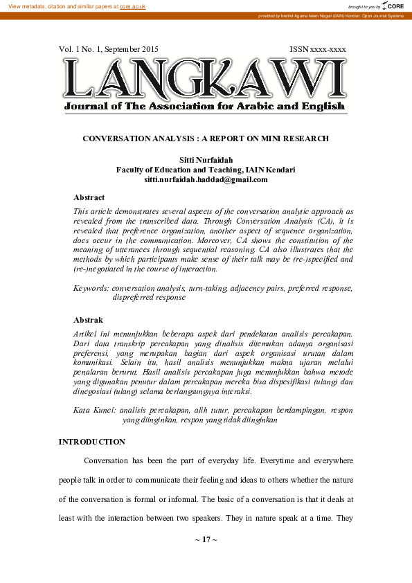(PDF) Conversation Analysis : A Report on Mini Research