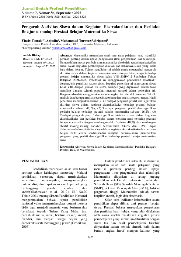 (PDF) Pengaruh Aktivitas Siswa dalam Kegiatan Ekstrakurikuler dan Perilaku Belajar terhadap ...