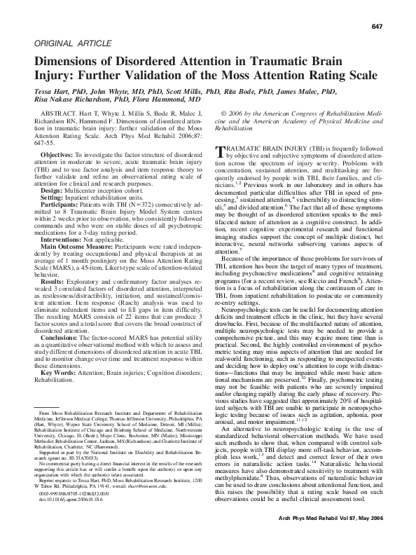 (PDF) Dimensions of Disordered Attention in Traumatic Brain Injury ...