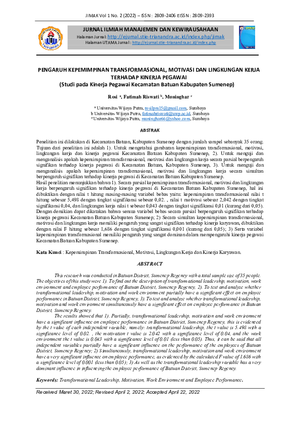 (PDF) PENGARUH KEPEMIMPINAN TRANSFORMASIONAL, MOTIVASI DAN LINGKUNGAN KERJA TERHADAP KINERJA ...