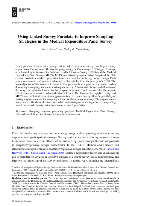 (PDF) Using Linked Survey Paradata to Improve Sampling Strategies in the Medical Expenditure ...