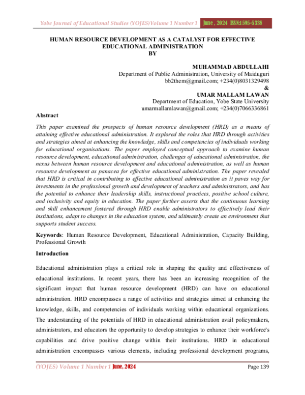 (PDF) HUMAN RESOURCE DEVELOPMENT AS A CATALYST FOR EFFECTIVE EDUCATIONAL ADMINISTRATION