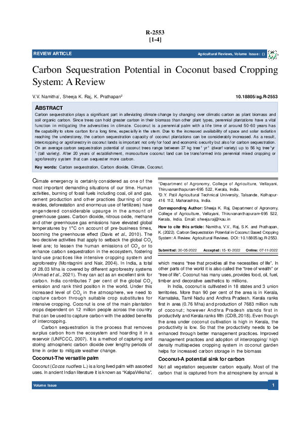 (PDF) Carbon Sequestration Potential in Coconut based Cropping System ...