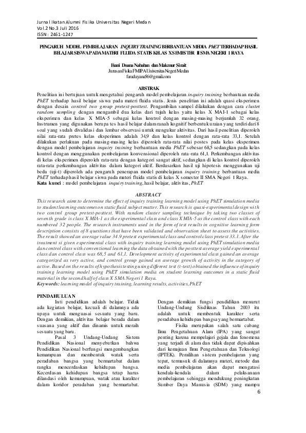 (PDF) PENGARUH MODEL PEMBELAJARAN INQUIRY TRAINING BERBANTUAN MEDIA PhET TERHADAP HASIL BELAJAR ...
