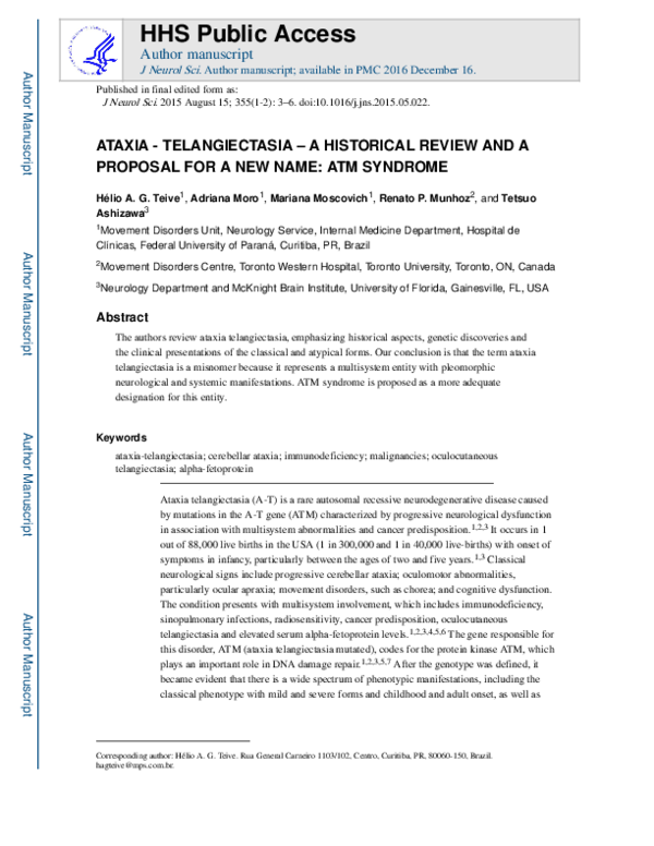 (PDF) Ataxia-telangiectasia — A historical review and a proposal for a ...