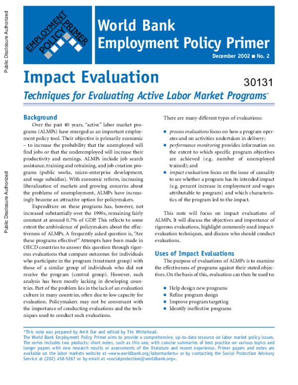 (PDF) Impact Evaluation : Techniques for Evaluating Active Labor Market ...