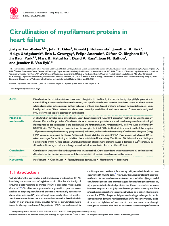 (PDF) Citrullination of myofilament proteins in heart failure