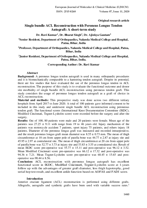 (PDF) Single bundle ACL Reconstruction with Peroneus Longus Tendon ...