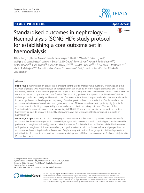 Standardised outcomes in nephrology – Haemodialysis (SONG-HD): study protocol for establishing a ...