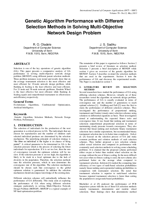 (PDF) Genetic Algorithm Performance with Different Selection Methods in Solving Multi-Objective ...